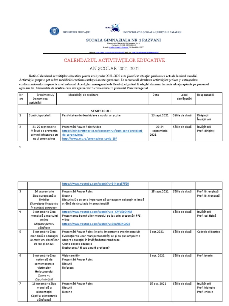 Calendar Activitati Extrascolare 2021-2022 | PDF