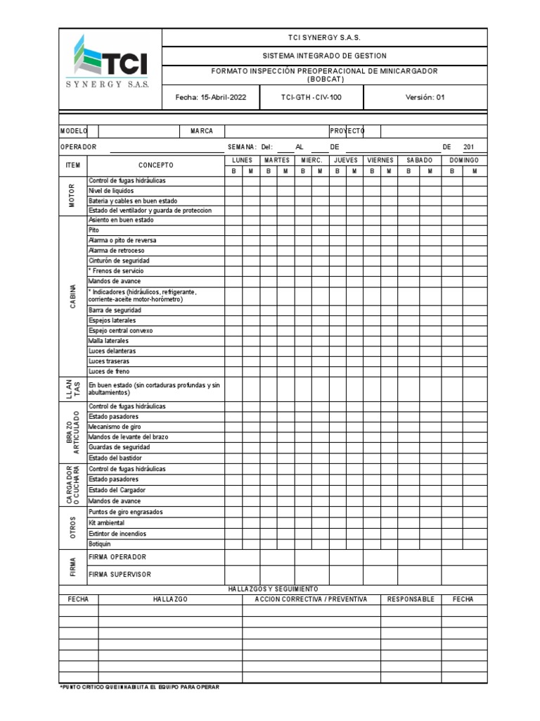 Tci-Gth - Civ-100 Formato Inspección Preoperacional de Minicargador ...