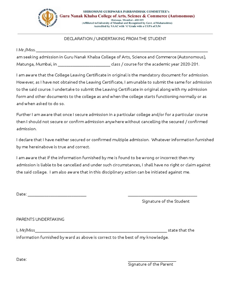 Declaration - Undertaking From The Student | PDF