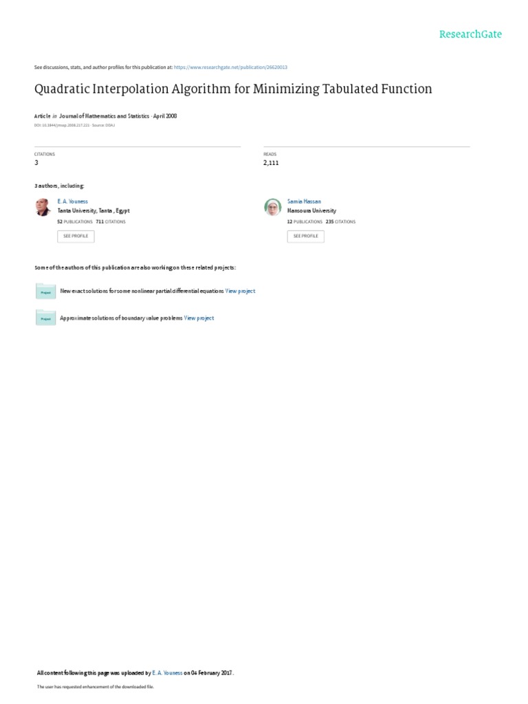 Quadratic Interpolation Algorithm For Minimizing Tabulated Function Pdf Mathematical