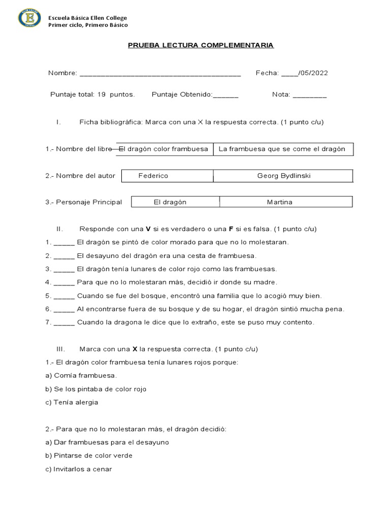 Prueba Lectura Complementaria (Dragón Color Frambuesa) | PDF