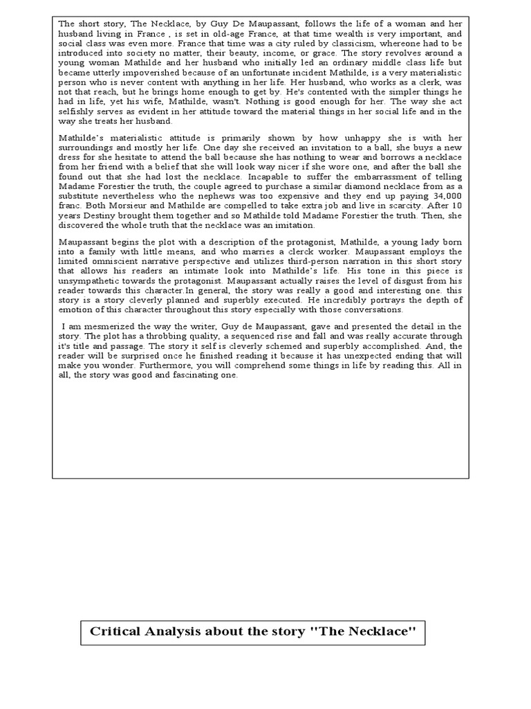 Critical Analysis About The Story "The Necklace" | PDF