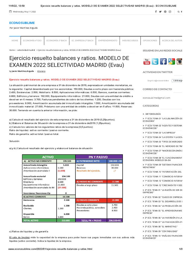 Ejercicio Resuelto Balances y Ratios. MODELO DE EXAMEN 2022 SELECTIVIDAD MADRID (Evau ...