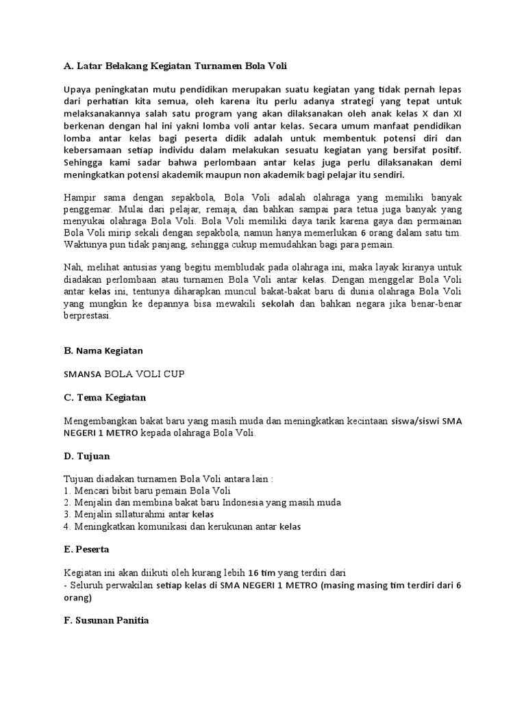 Contoh Proposal Kegiatan Turnamen Bola Voli Antar Desa | PDF