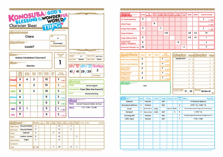 Tank Character Sheet For Konosuba TTRPG | PDF | Equipment | Armour