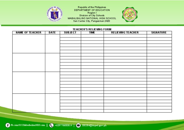 Teacher'S Relieving Form Name of Teacher Date Subject Time Relieving ...