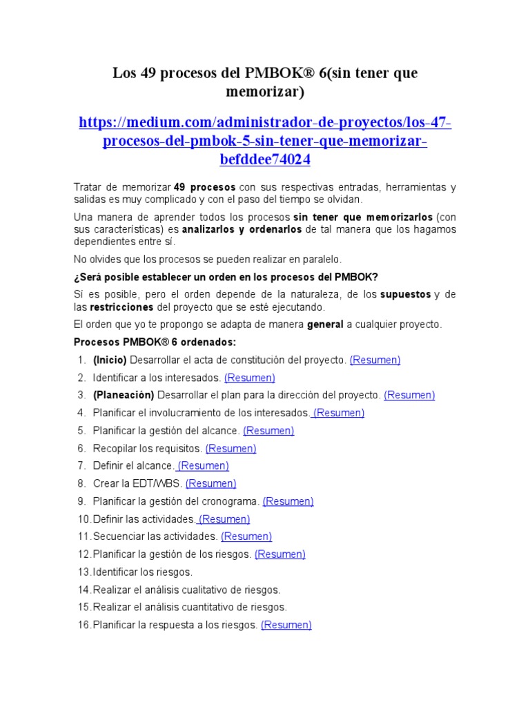 Los 49 Procesos Del PMBOK | PDF