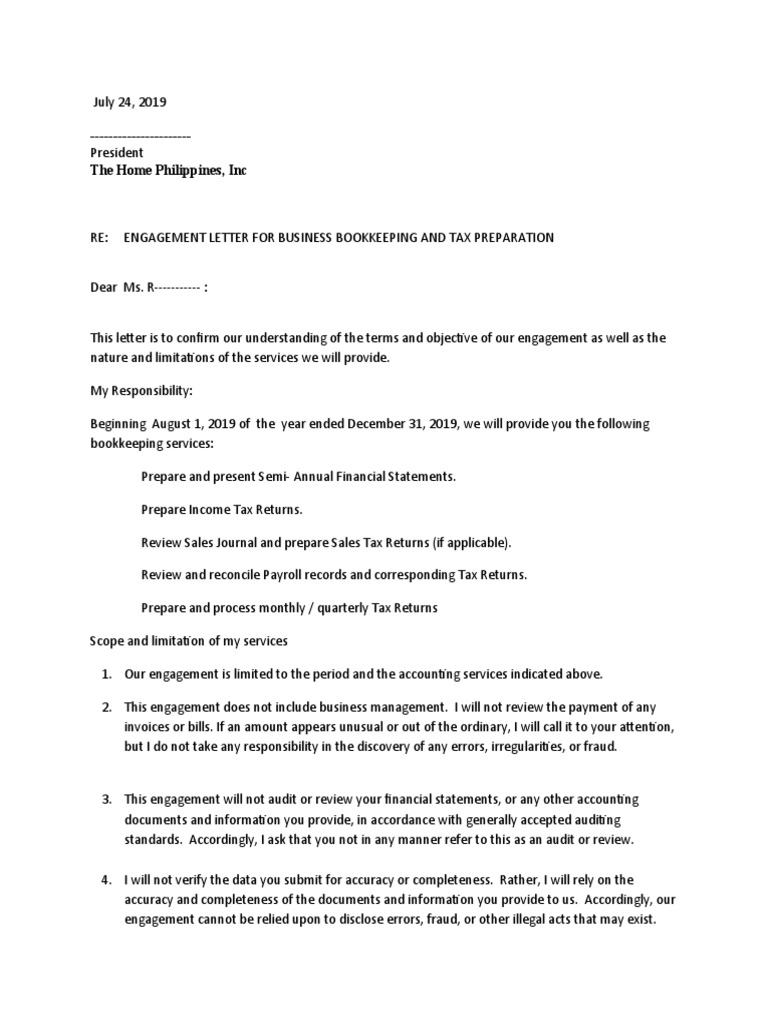 Sample Bookkeeping Engagement Letter | PDF | Internal Control | Accounting