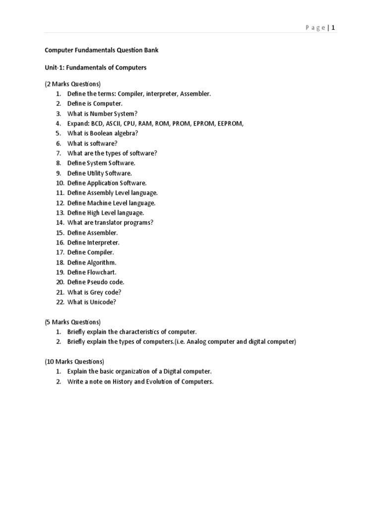 Computer Fundamentals Question Bank Unit-1: Fundamentals of Computers ...