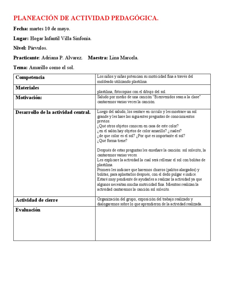 PLANEACIÓN DE ACTIVIDAD PEDAGÓGICA - Sol Solecito | PDF