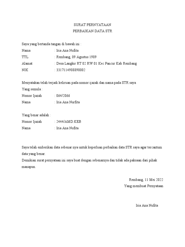 Surat Pernyataan Perbaikan STR | PDF
