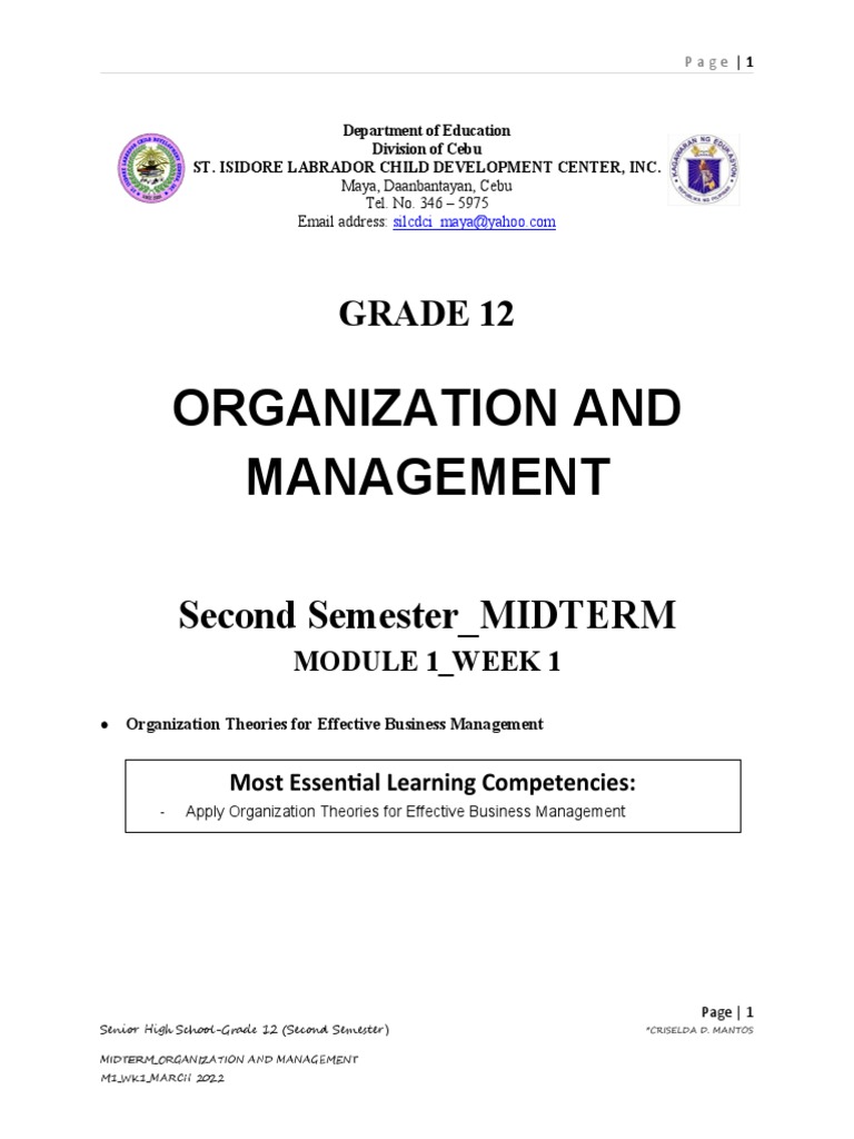 Organization and Management: Second Semester - MIDTERM | Download Free ...