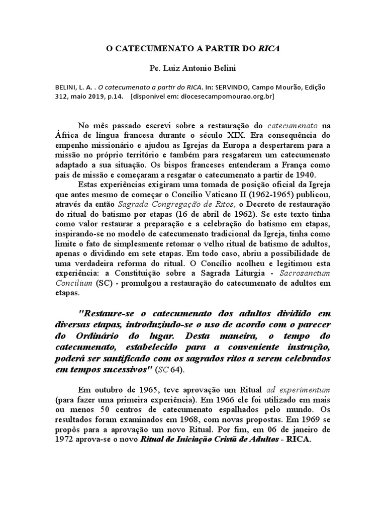 4 O Catecumenato A Partir Do RICA | PDF | Igreja católica | Concílio ...