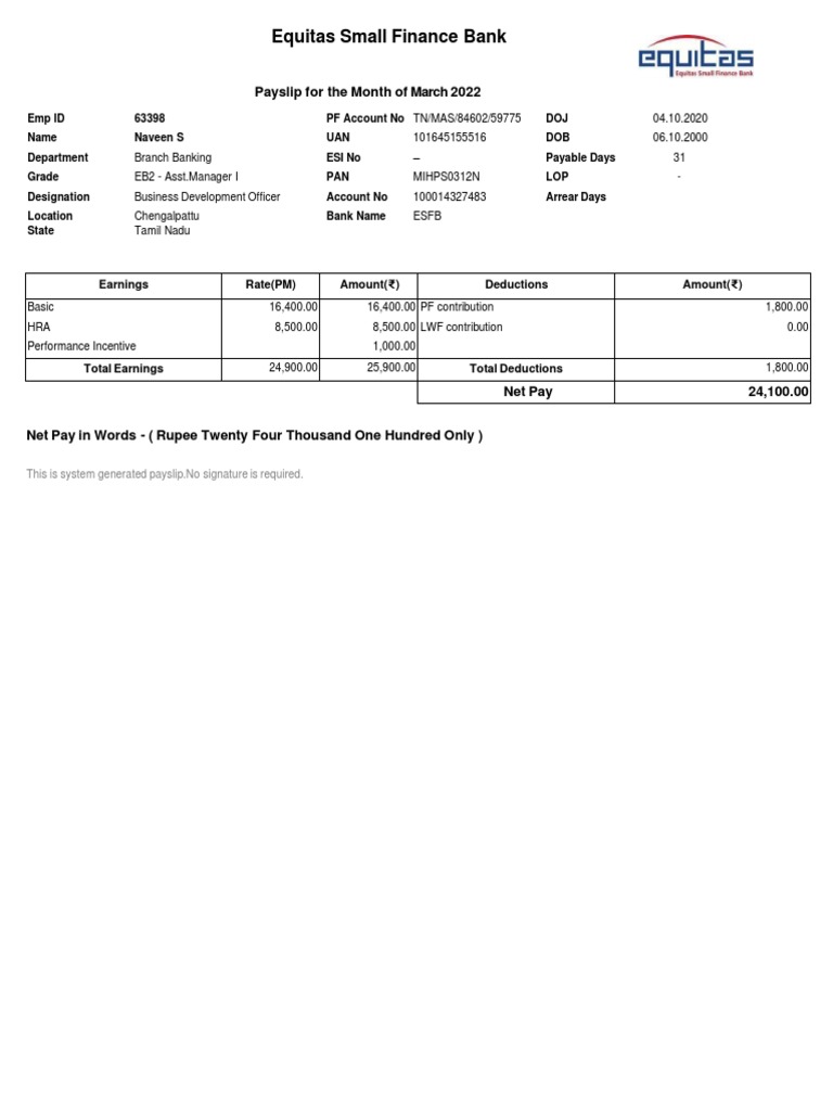 Equitas Small Finance Bank: Payslip For The Month of March 2022 | PDF ...