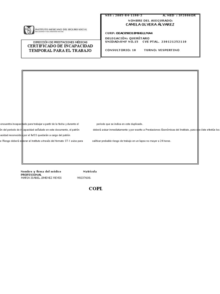 Certificado de Incapacidad IMSS | PDF