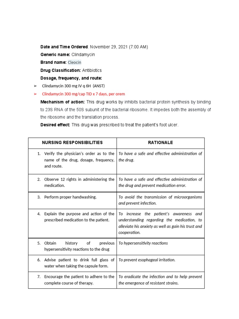 Cleocin: Clindamycin 300 Mg/cap TID X 7 Days, Per Orem | PDF | Clinical ...