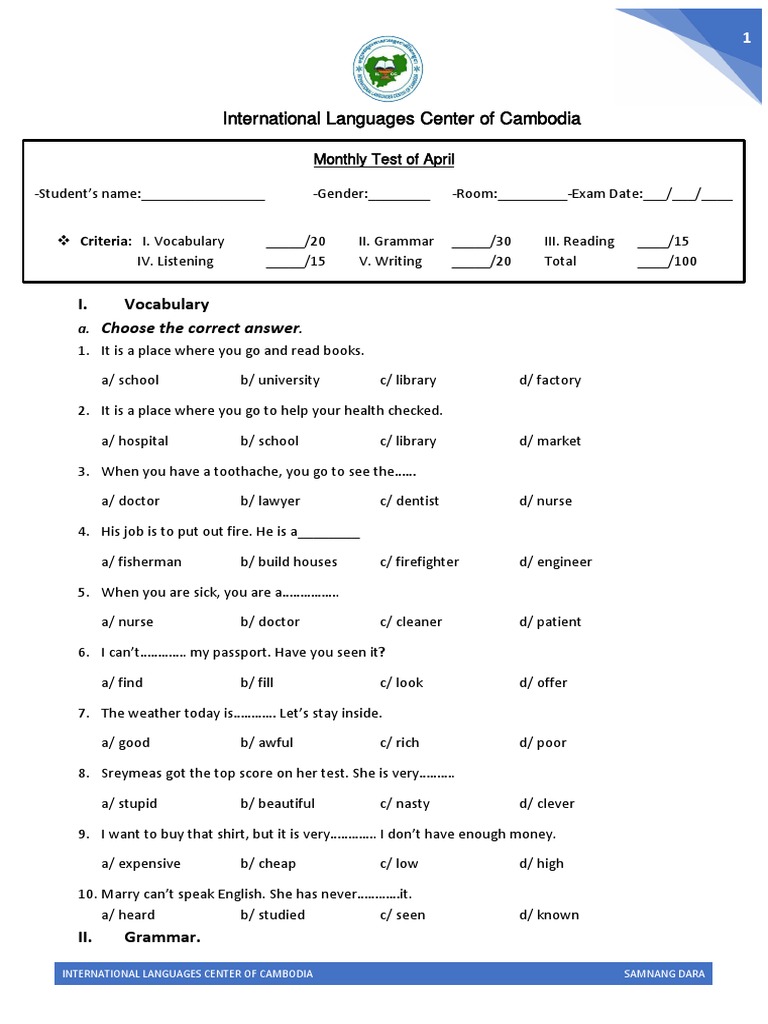 Monthly Test For English Now April | PDF | Restaurants | Menu