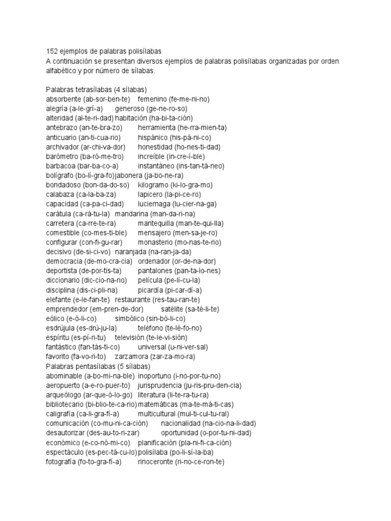 152 Ejemplos de Palabras Polisílabas | PDF | Fonética | Voz humana