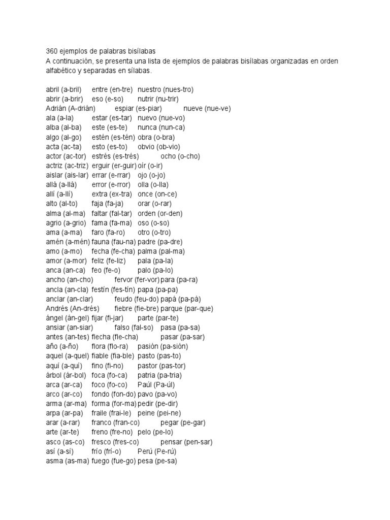 360 Ejemplos de Palabras Bisílabas | PDF