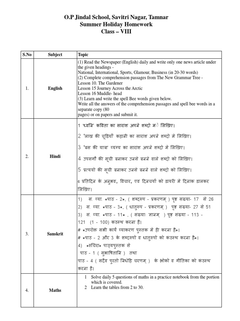 Class 8 Holiday Homework | PDF
