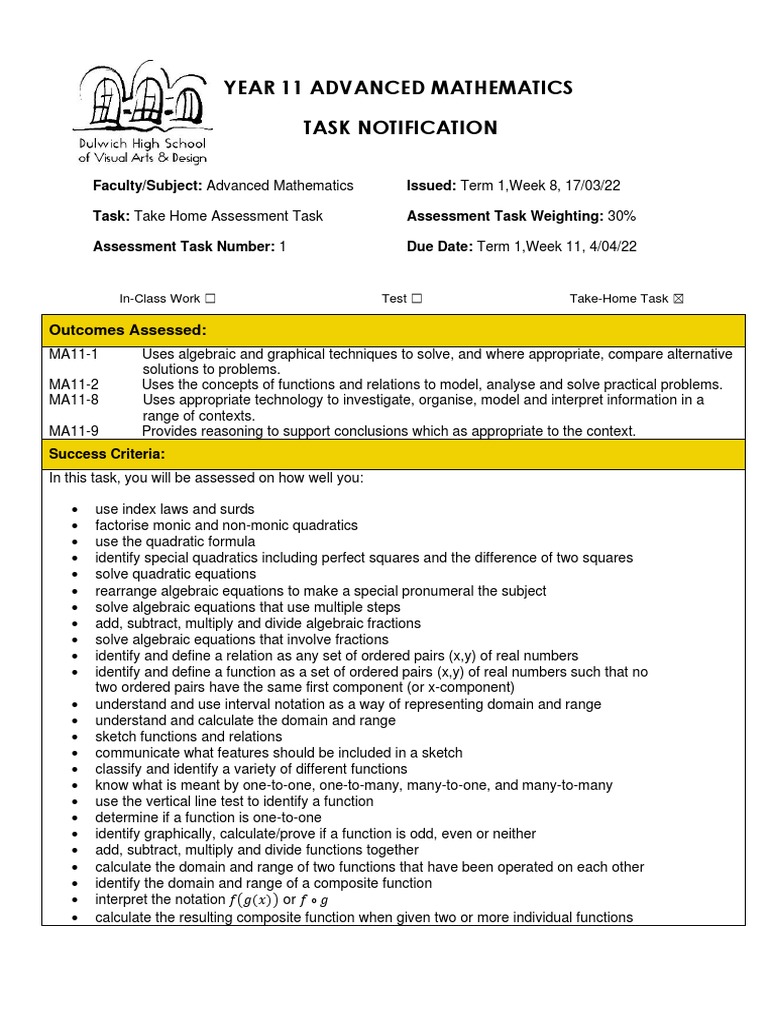 Year 11 Advanced Mathematics Assessment 2022 | PDF | Function ...