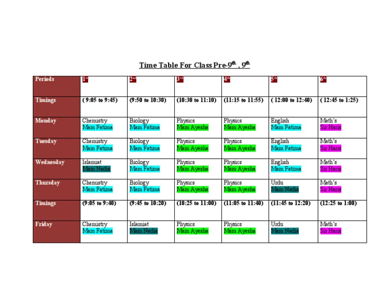 Time Table For Class Pre 9th | PDF