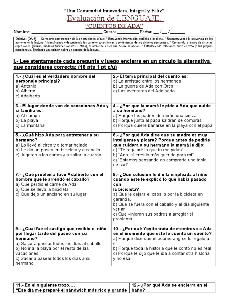 Evaluacion de Leng. Cuentos de Ada | PDF