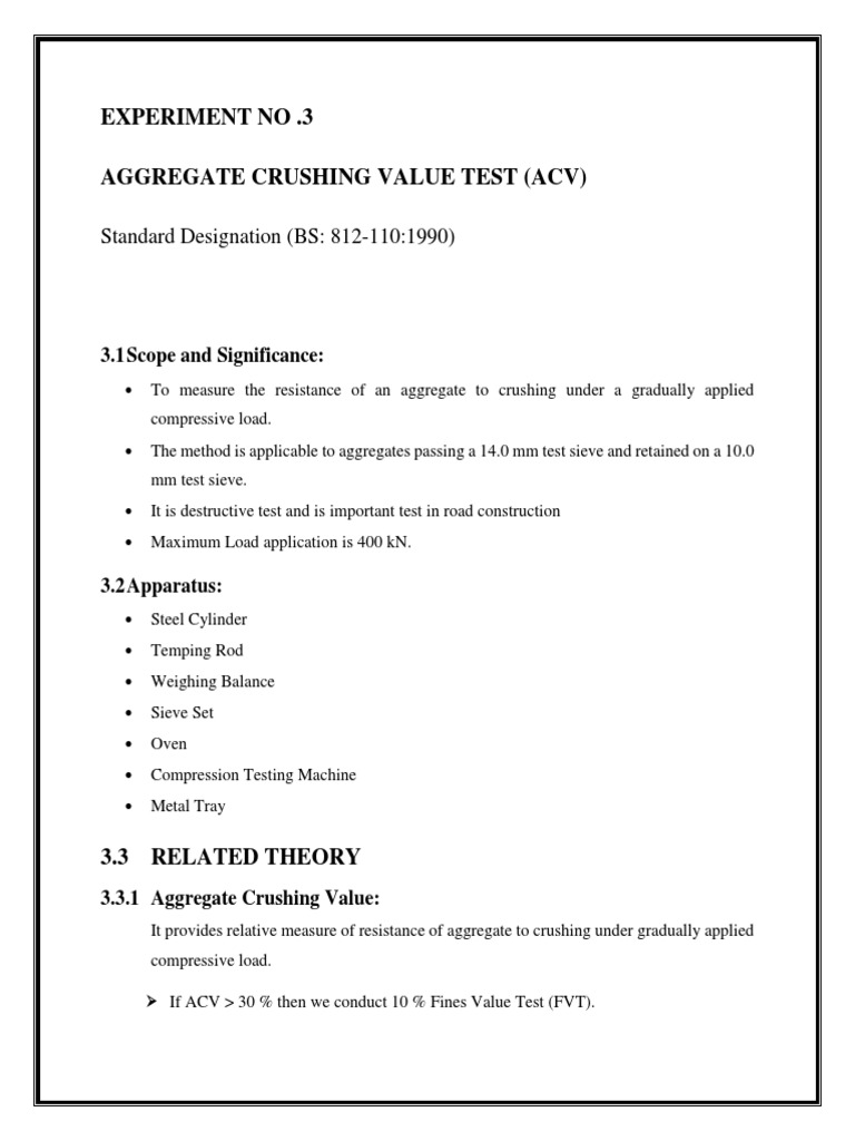 Experiment No .3 Aggregate Crushing Value Test (Acv) : Standard ...