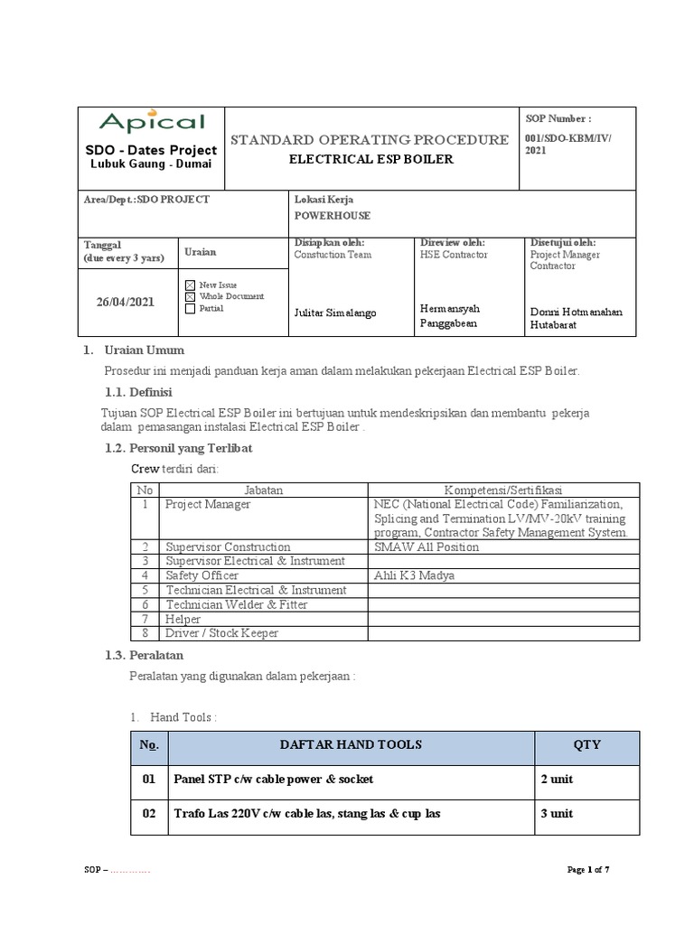 SOP - Electrical ESP Boiler - CV - KBM - SDO-Dates Project | PDF