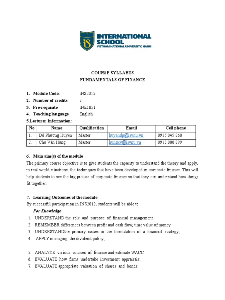 Fundamentals of Finance Syllabus | PDF | Valuation (Finance) | Cost Of ...