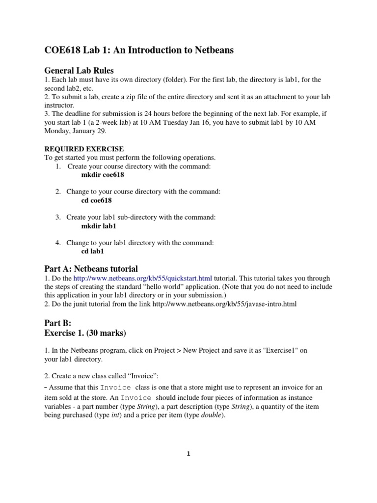 COE618 Lab 1: An Introduction To Netbeans | PDF | Class (Computer Programming) | Constructor ...