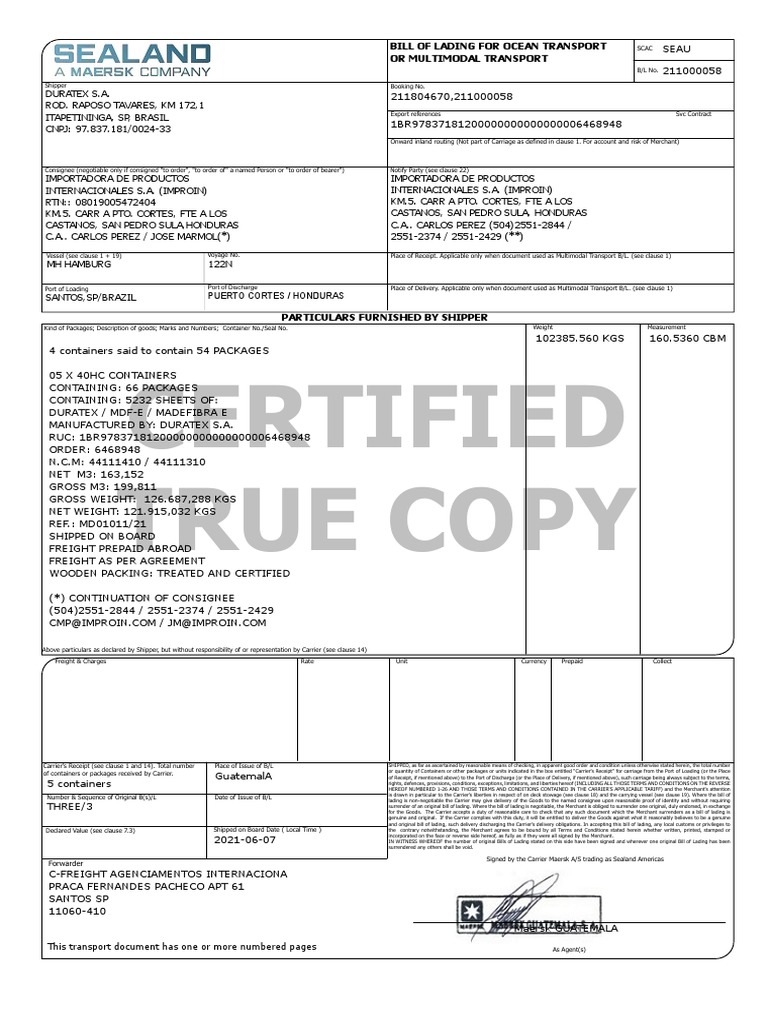Certified True Copy: Bill of Lading For Ocean Transport or Multimodal ...