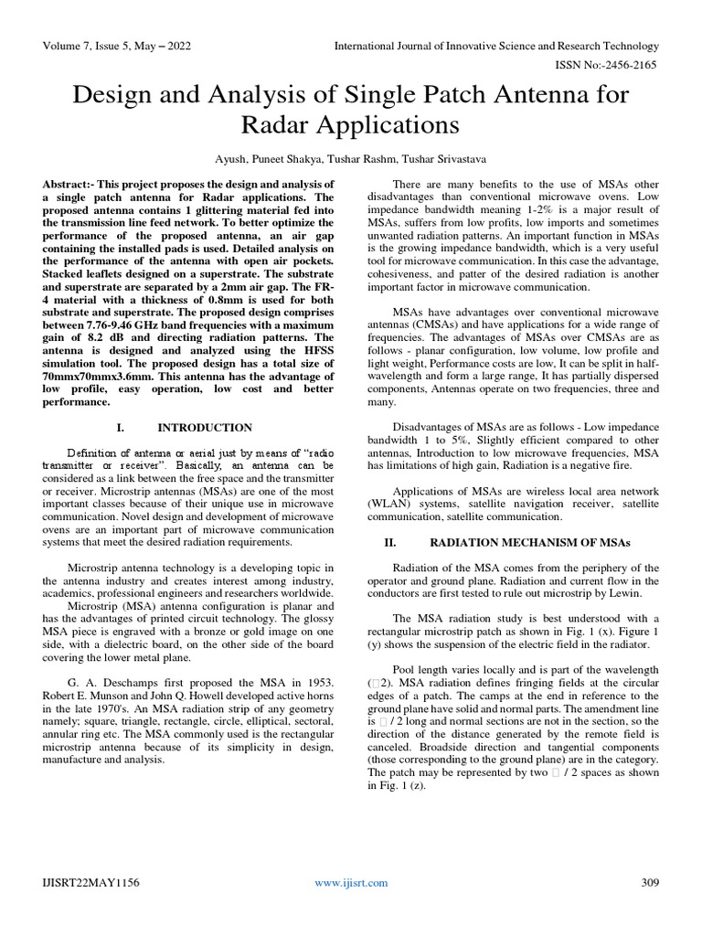 Design and Analysis of Single Patch Antenna For Radar Applications ...