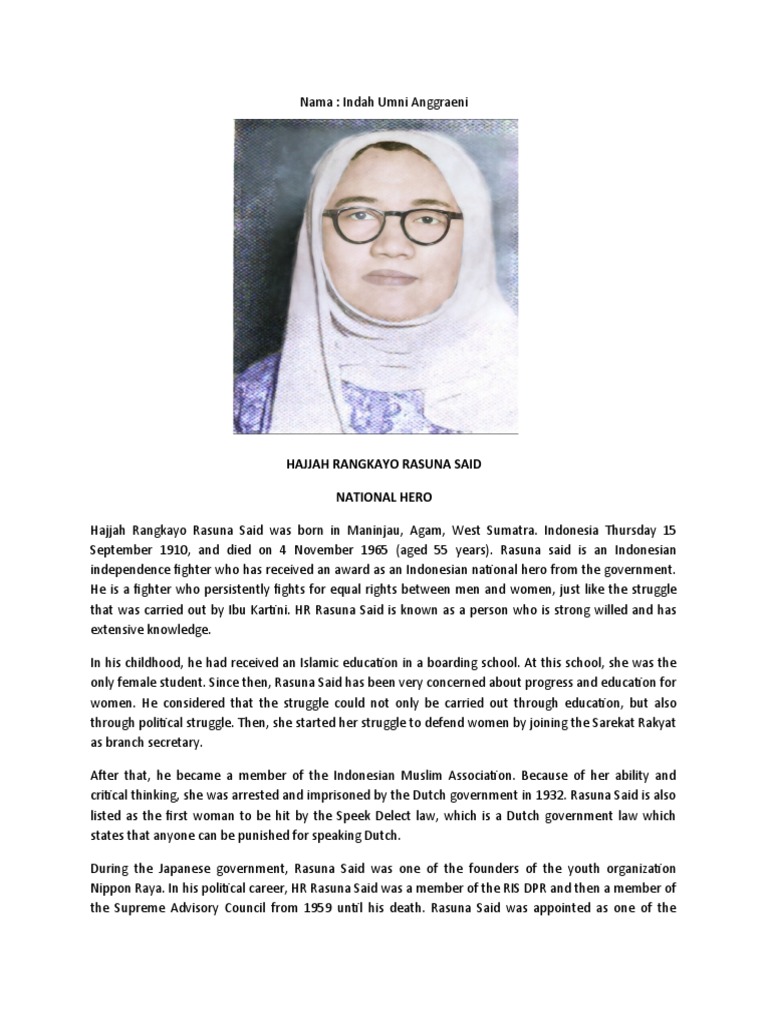 Hajjah Rangkayo Rasuna Said National Hero | PDF | Indonesia | Politics ...