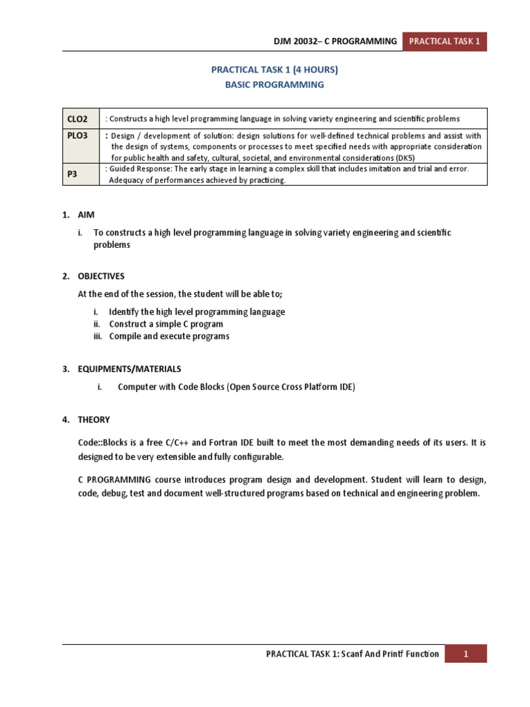 Practical Task 1 (4 Hours) Basic Programming | PDF | Computer ...