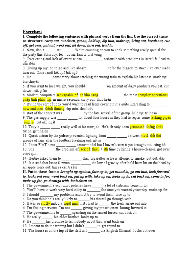 Exercises:: Off, Get Over, Put Out, Work Out, Let Down, Turn Out, Lead ...