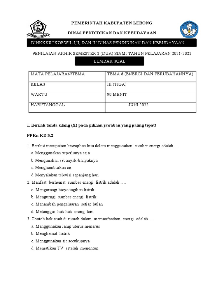 Soal Penilaian Akhir Semester Ii Tema 6 KLS Iii | PDF | Seni | Sains & Matematika