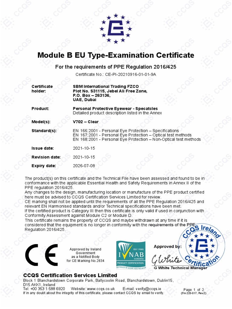 Module B EU Type-Examination Certificate: For The Requirements of PPE ...