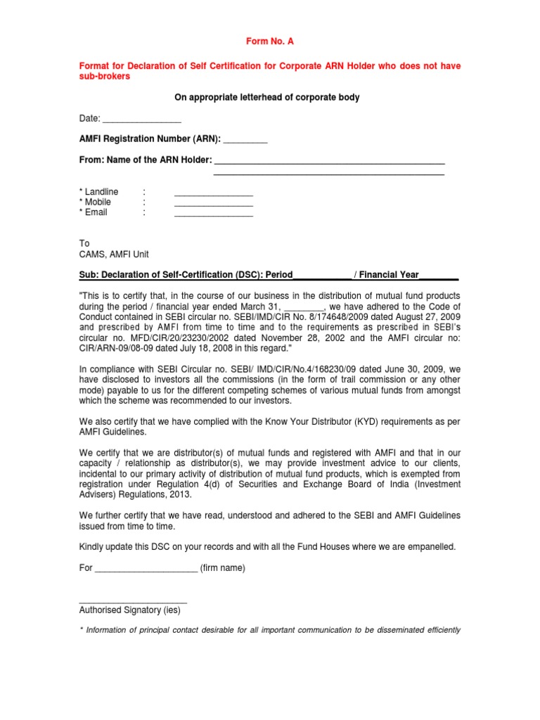 Distributor Self Declaration Format | PDF | Financial Adviser ...