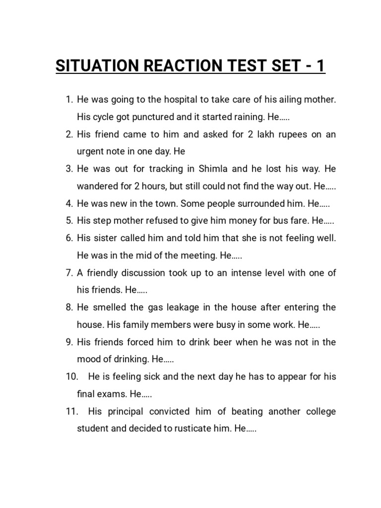 Situation Reaction Test Set - 1 | PDF