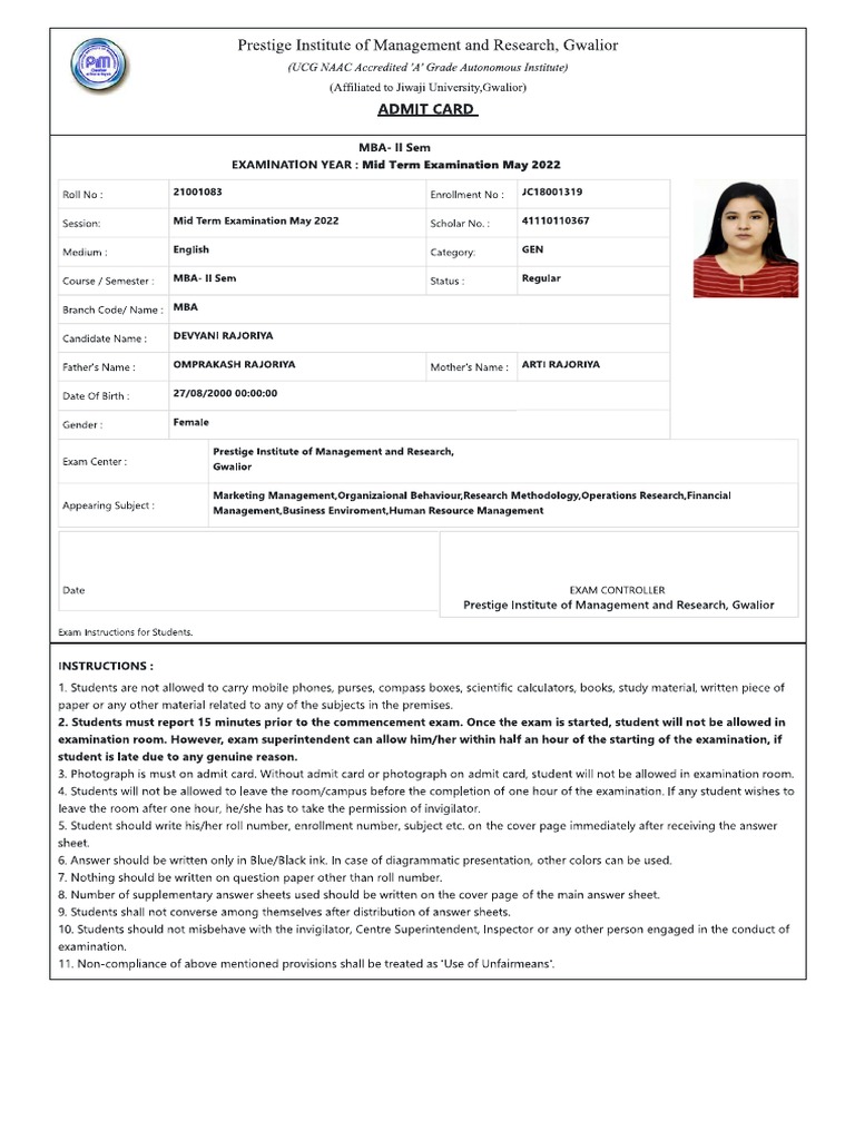 Admit Card Mba 2nd | PDF