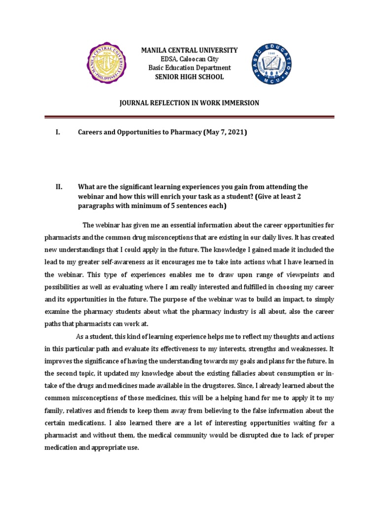 Journal Reflection in Immersion Pharmacy Laboratory | PDF | Pharmacy ...
