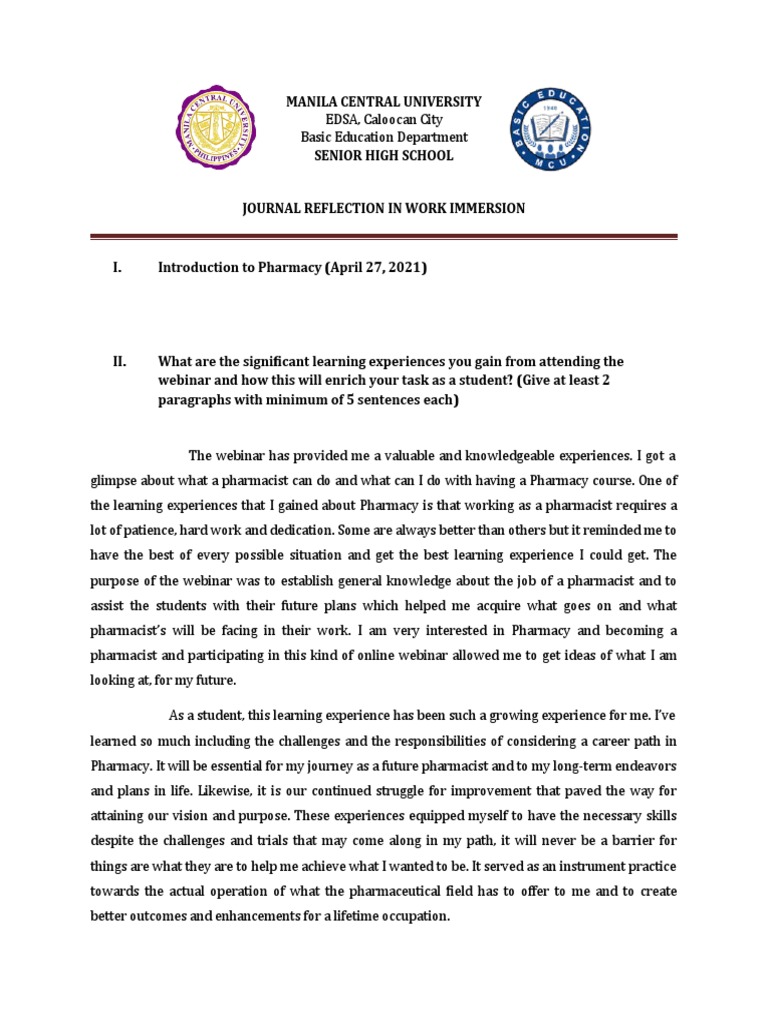 Journal Reflection in Immersion Laboratory | PDF | Pharmacist | Pharmacy