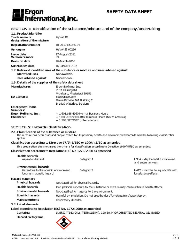 Sds-Ergon Hyvolt III | PDF | Dangerous Goods | Personal Protective ...