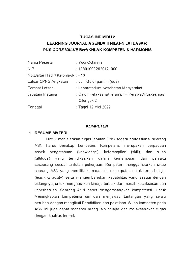 Tugas Individu Jurnal Agenda 2 Kompeten & Harmonis | PDF