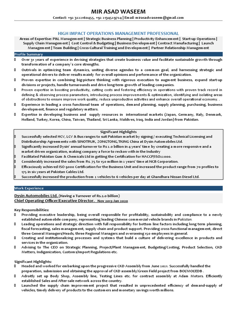 Mir Asad Waseem: High Impact Operations Management Professional | PDF ...