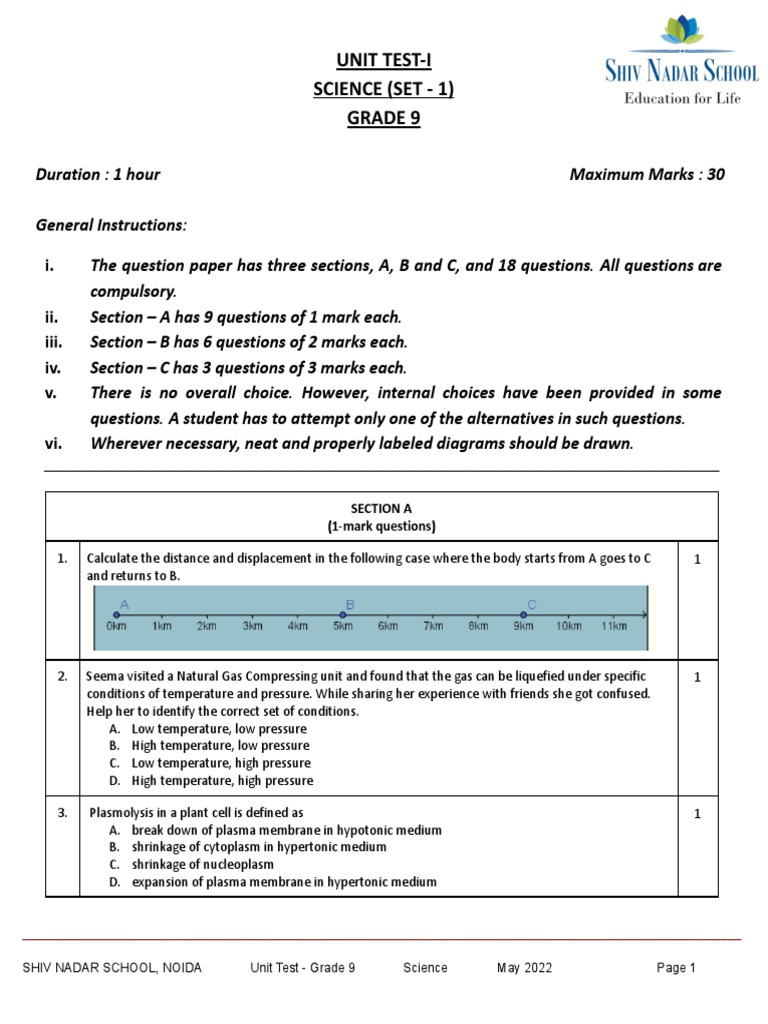 2022-2023 - Unit Test - 1 (Question Paper) - Grade IX - Science - SET 1 ...