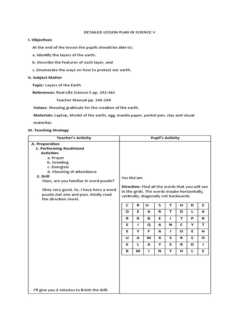 Lesson Plan Science 5 | PDF | Crust (Geology) | Earth