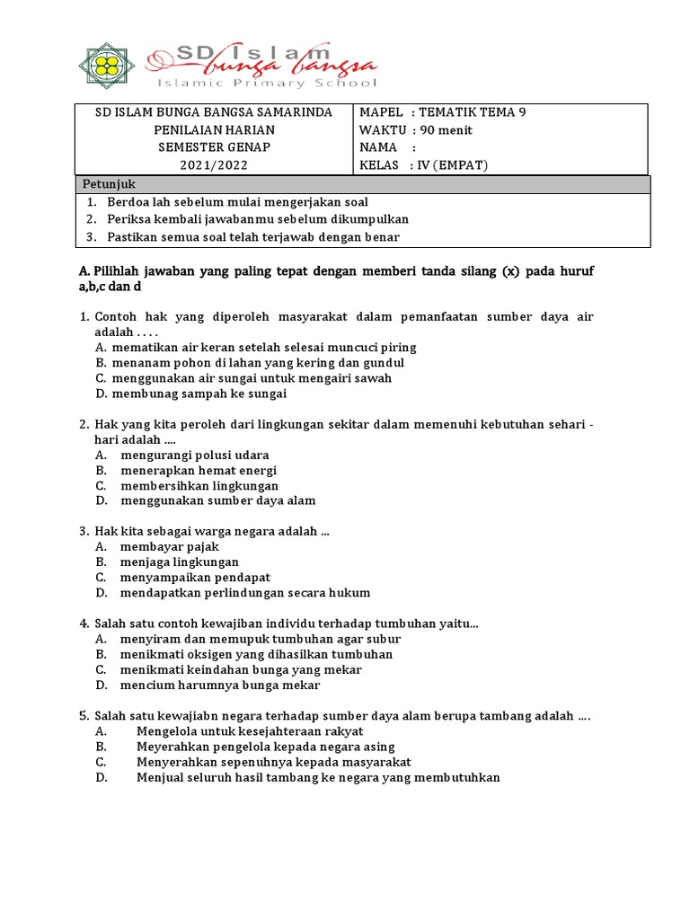Soal PH Tema 9 Kelas 4 2022 | PDF