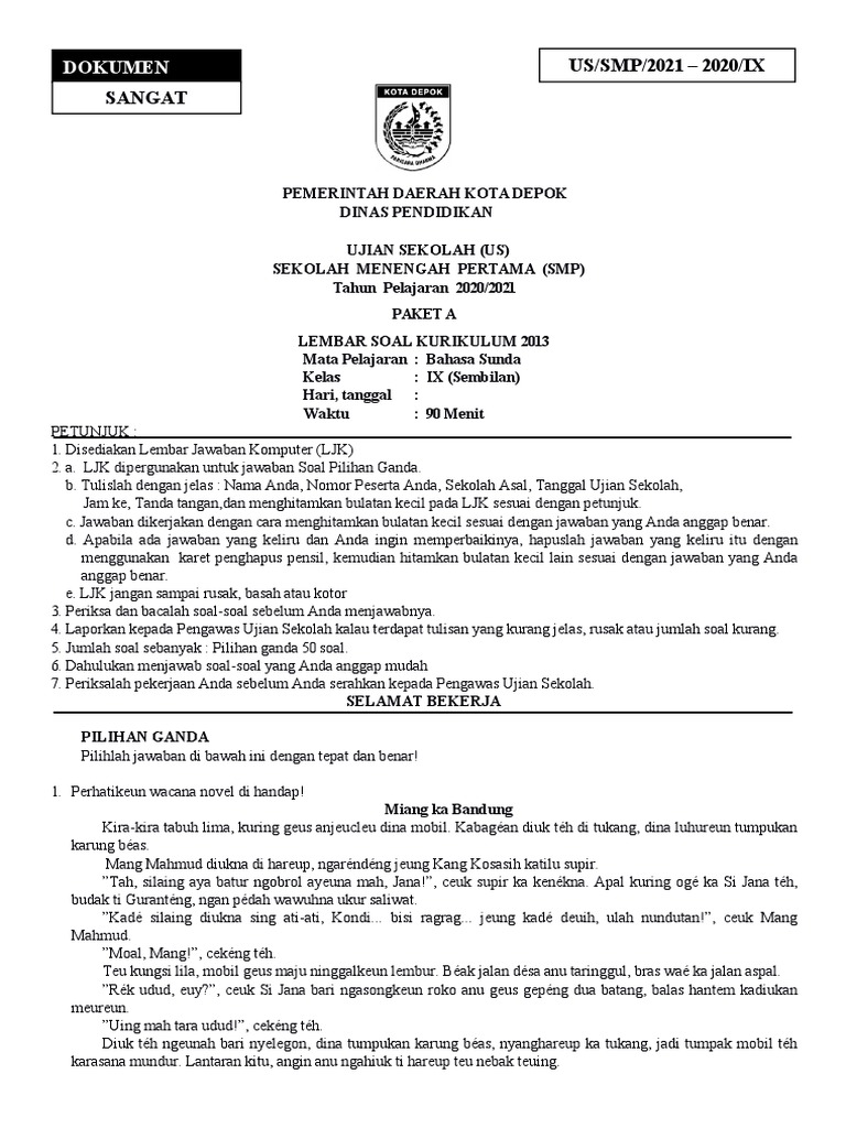 Soal Utama Us B. Sunda (Paket A) 2020-2021 | PDF